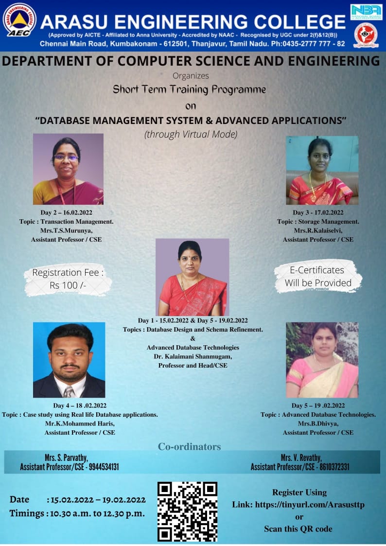 Department of CSE organize a Short term training programme on "Database Management Systems and ...